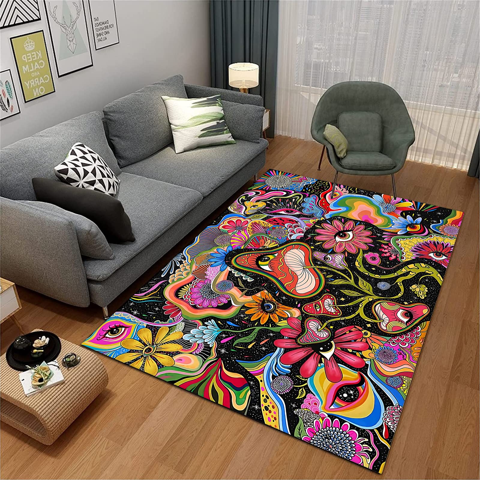 LGGQQW Mushroom Area Rug Trippy Trug Cute Flower Rug Colorful Hippy Carpet for Bedroom