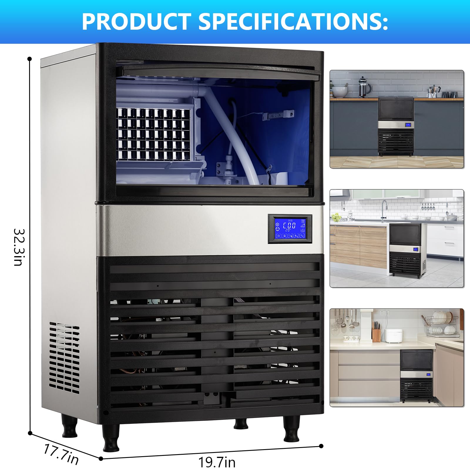 Pioneerworks Commercial Ice Maker Machine 110lbs/24H, Under Counter Ice Machine Self Cleaning with 27lbs Storage, LCD Panel and Blue Light, Stainless Steel Ice Maker for Restaurant/Home/Bars/Coffee