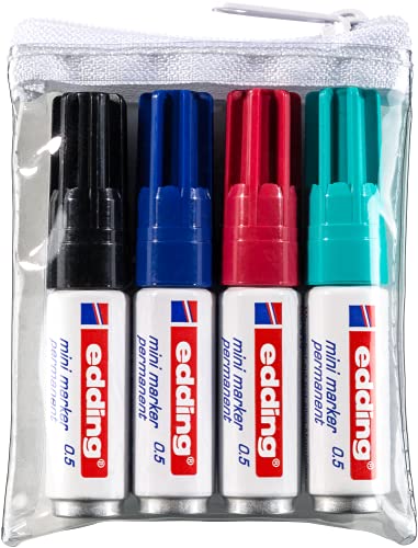 edding 0.5 mini permanent marker - black, blue, turquoise, red - 4 pens - fine round nib 1 mm - waterproof, quick-drying - smudge-proof - mini marker for cardboard, plastic, wood, metal