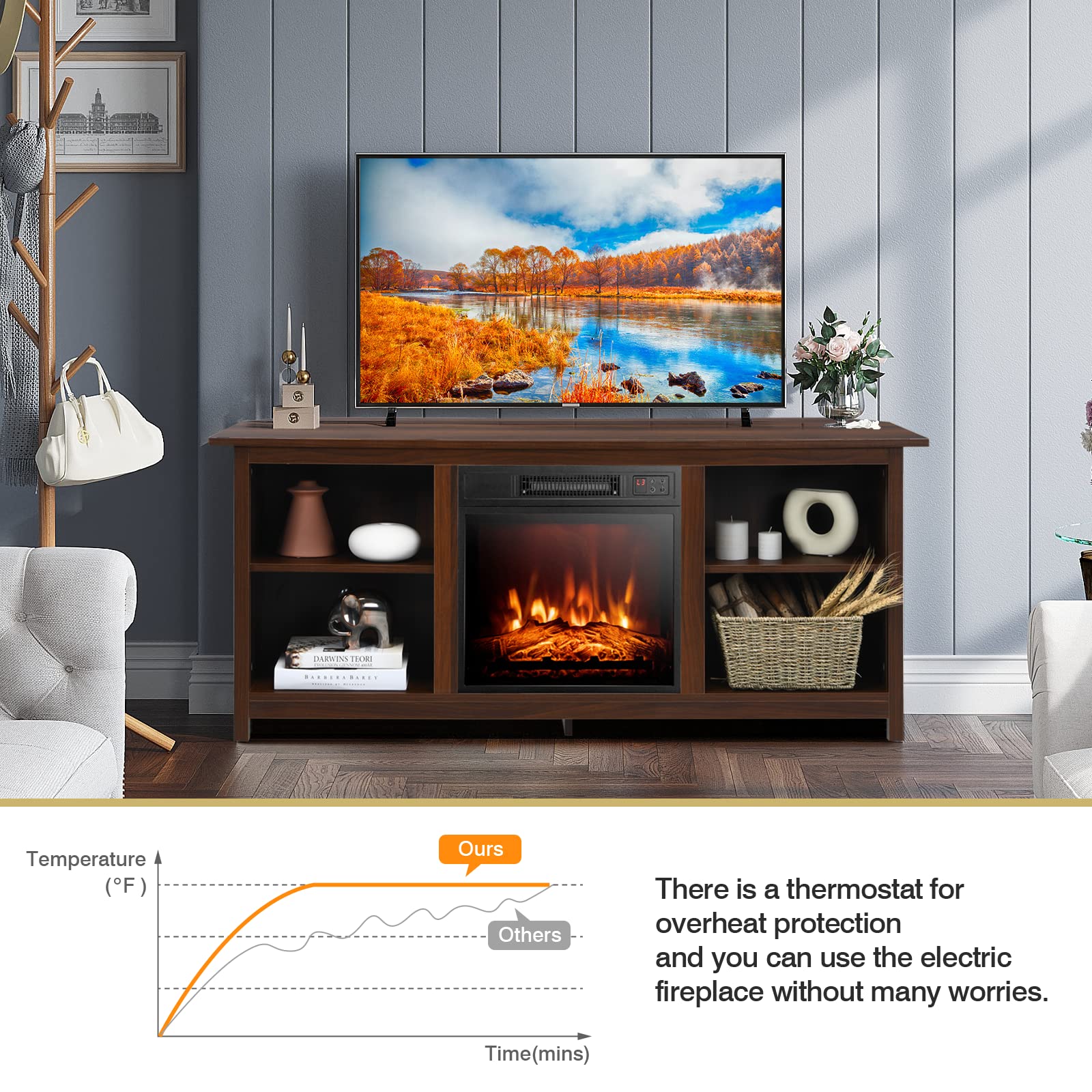 Electric Fireplace TV Stand for 65 Inch TV, 58 Inch Farmhouse Entertainment Center with 18" Fireplace, 6H Timer & Remote Control, 4 Storage Cabinet, Brown