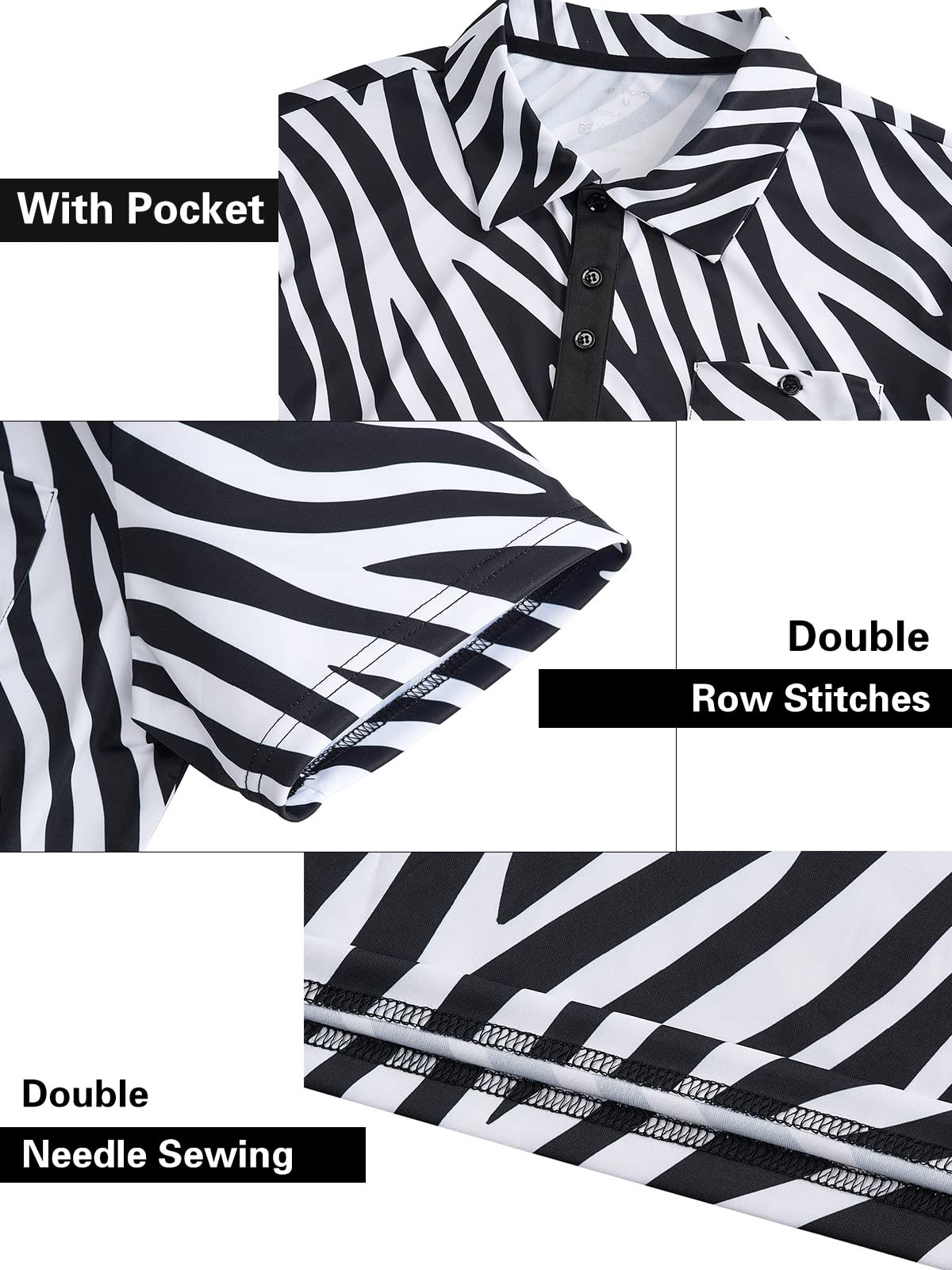 FRTCV Mens Polo Shirts Short Sleeve Zebra Print Golf Shirt with Pocket Wrinkle Free Size XL