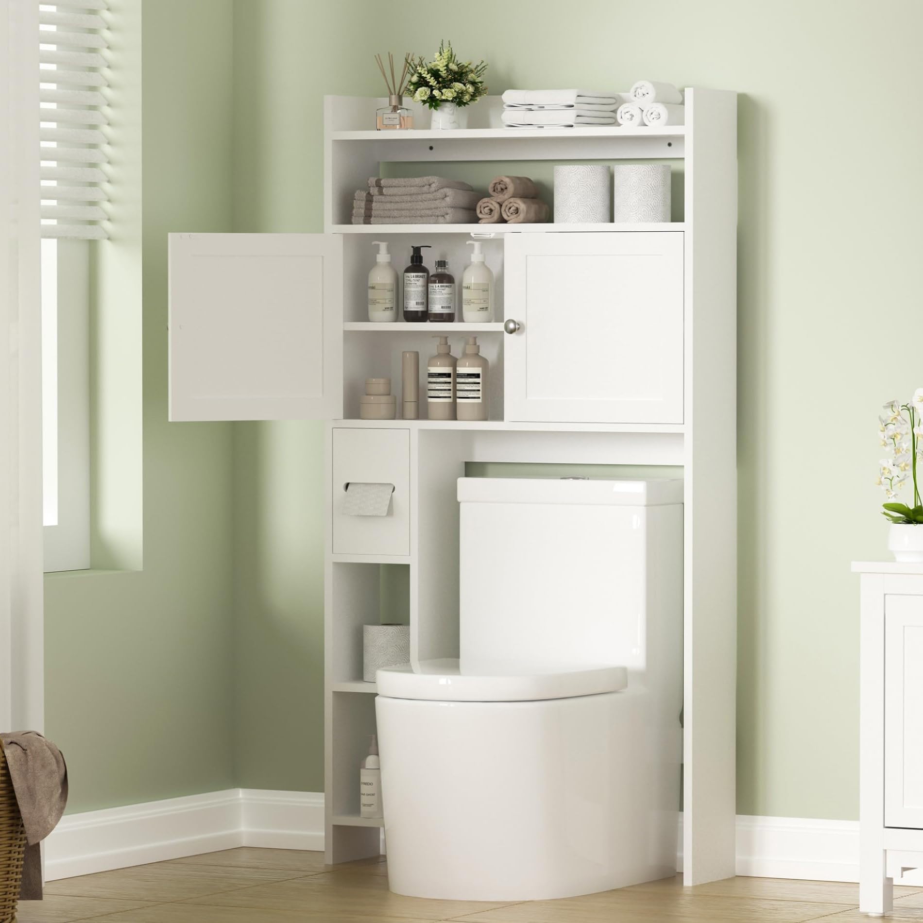 MU Over The Toilet Storage Cabinet with Side Shelves, Bathroom Storage Organizer, Space-Saving Toilet Storage Rack for Bathroom, Laundry (Farmhouse)