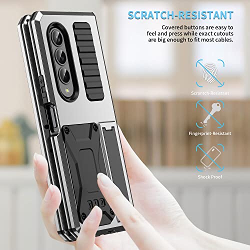 Shockproof Armor Case for Samsung Galaxy Z Fold 4 Case,Metal Aluminum Kickstand Hybrid PC Dustproof Anti-Fingerprint Folding Protective Cover Compatible with Samsung Galaxy Z Fold 4(Sliver)