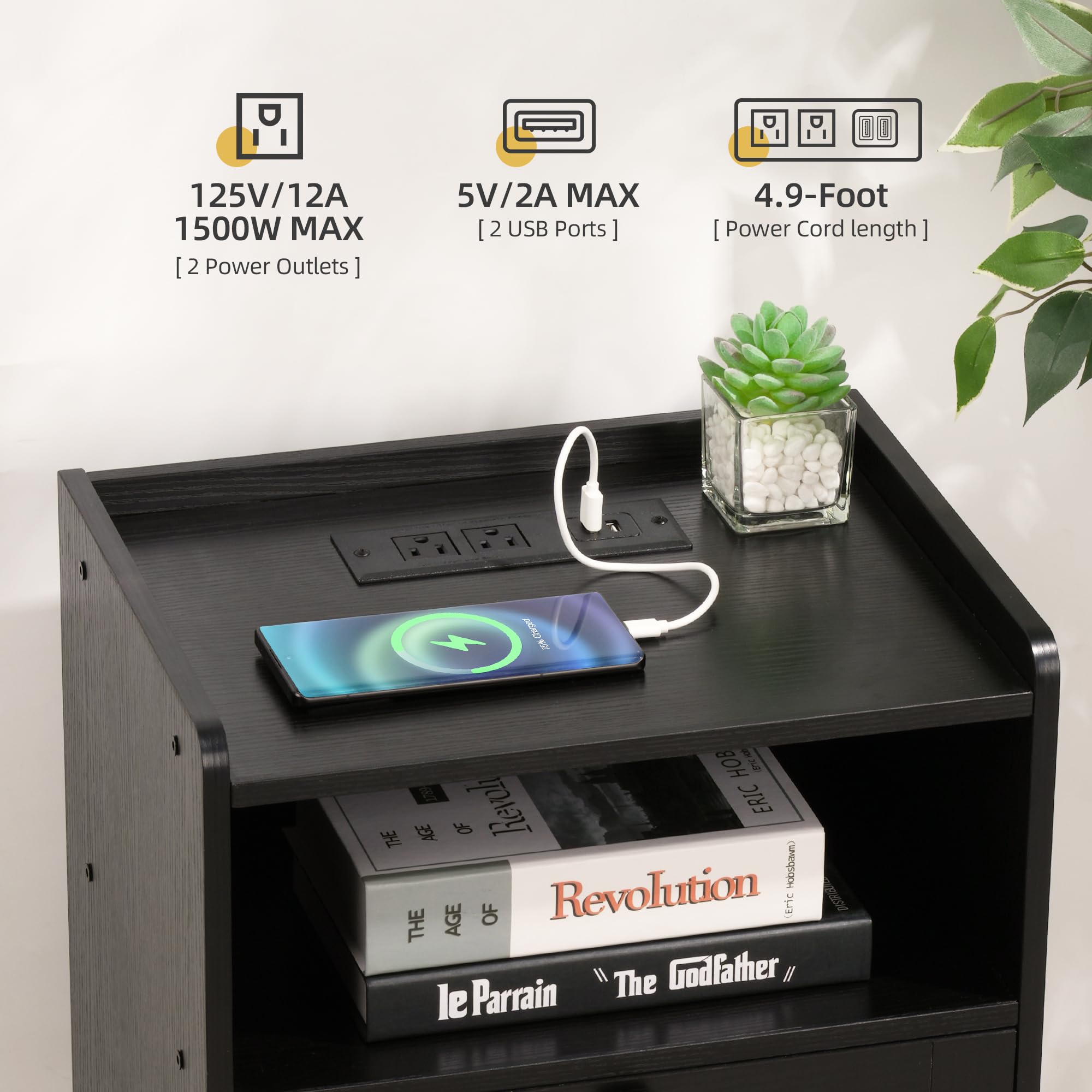 Conami End Table with Charging Station, Black Nightstand, Side Table with Rattan Drawer and Storage, Small End Table for Bedroom, Living Room
