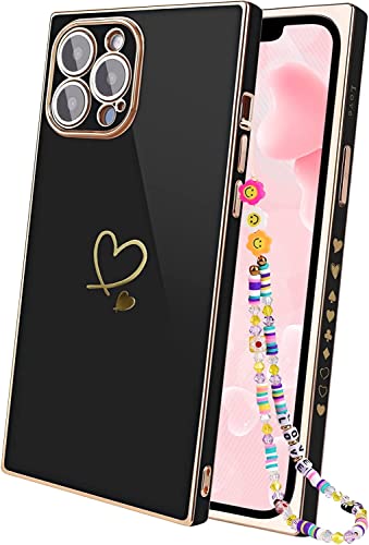 Newseego Square iPhone 12 Pro Max Case Women Girls Luxury Cute Plating Gold Love Heart Pattern Phone Case Soft TPU Full Camera Lens Protection Cover for iPhone 12 Pro Max with Cute Chain-Black