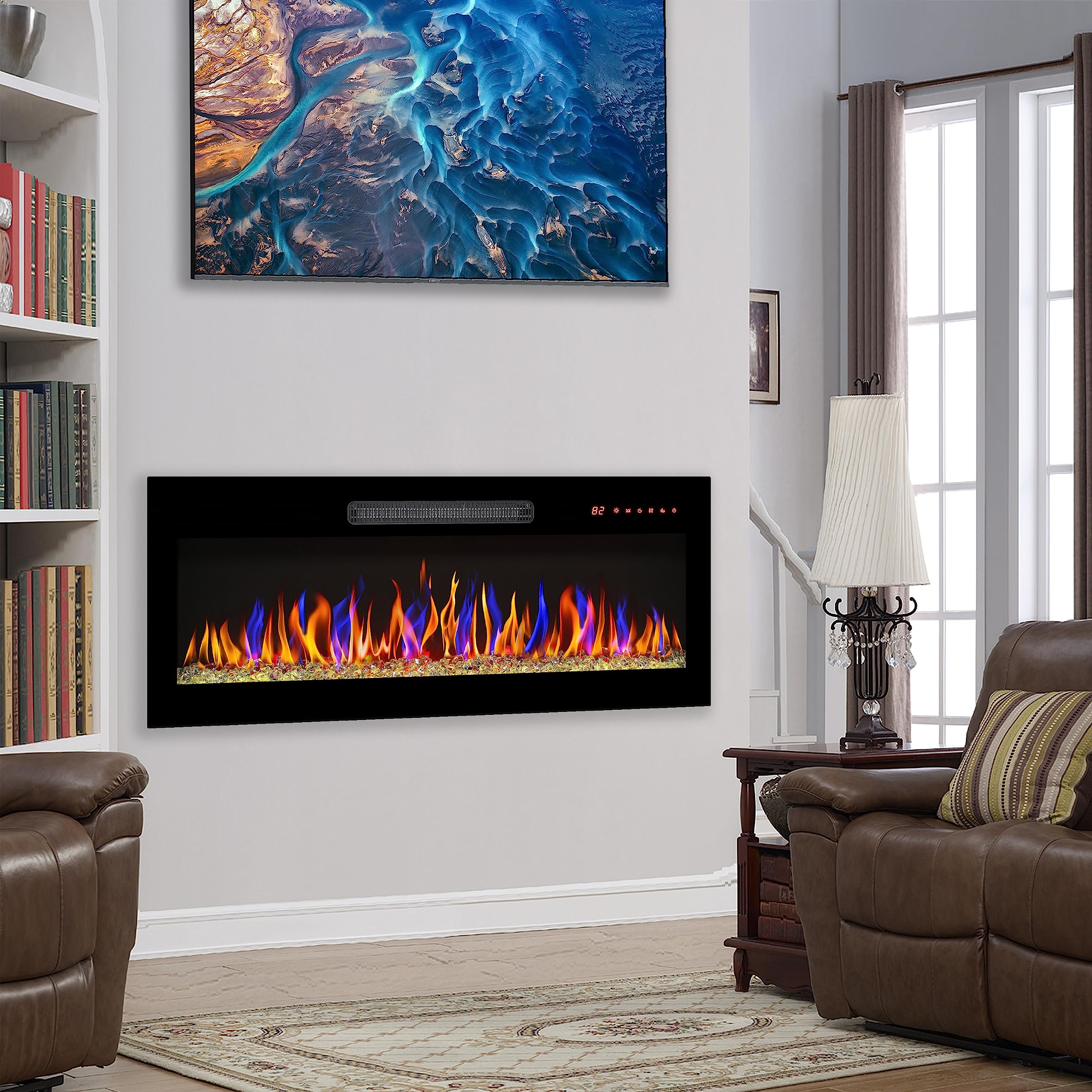 Electric Fireplace 36 inch Recessed and Wall Mounted,Tempered Glass Front Wall Mounted Electric Fireplace with Remote and Multi Color Flame & Emberbed, LED Light Heater (36 inch)