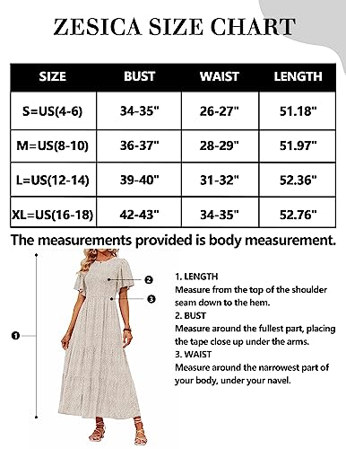 ZESICA Women's 2023 Summer Casual Floral Print Short Flutter Sleeve Crew Neck Smocked High Waist Flowy Maxi Dress,Beige,X-Large