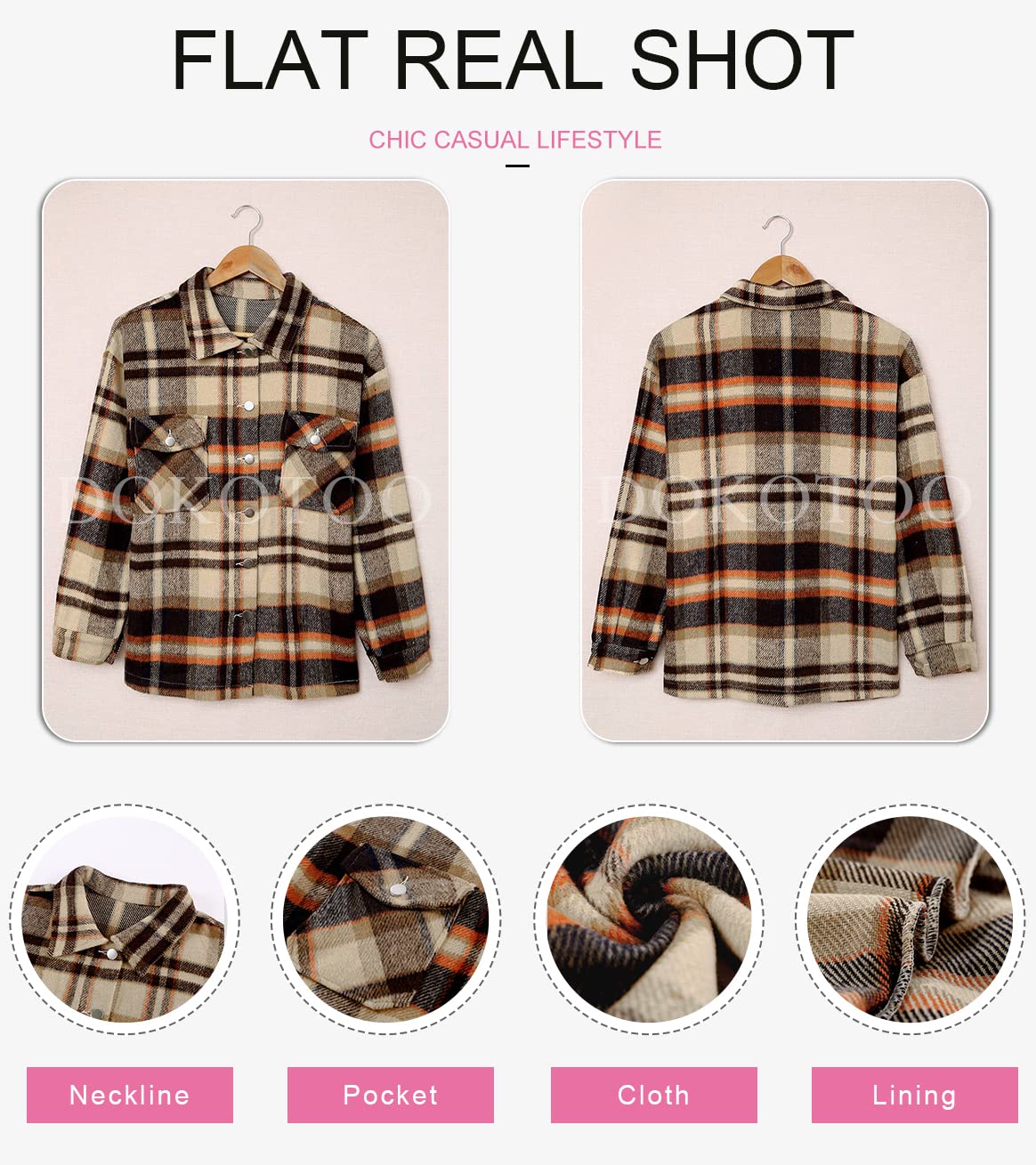 Dokotoo Women's Classic Plaid Button-Up Flannel Shirt - Long Sleeve, Soft, Loose, Office Jacket - Orange, L