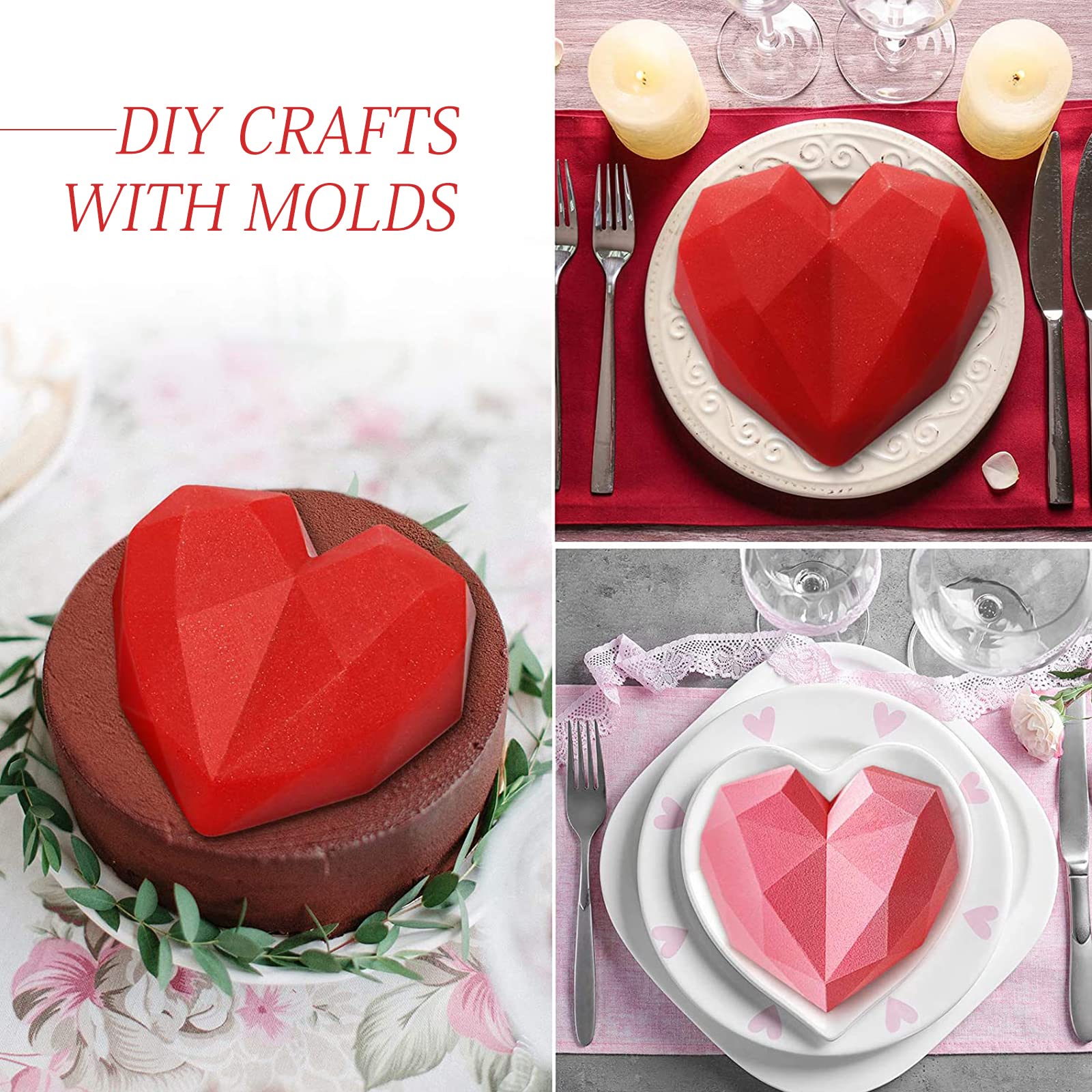 Heart Shaped Chocolate Mold, Diamond Heart Mousse Cake Mold Trays Silicone Chocolate Dessert Baking Pan with 2 Pieces Wooden Hammers and Chocolate Molds