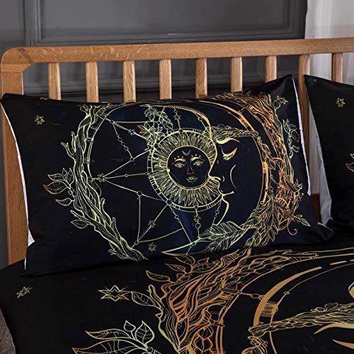 Duvet Cover Set with Zipper Closure Ties, Soft Microfiber Black Sun and Moon Stars Pattern Printed (Queen Size 1 Duvet Cover 2 Pillow Cases)