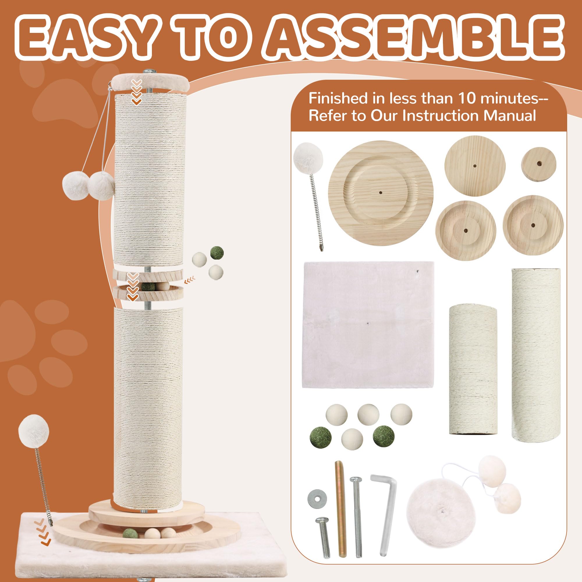 OTOB 33" Tall Cat Scratching Post, 4.3Inch Large Diameter Natural Sisal Rope Scratcher Post, 5-in-1 Interactive Turntable Cat Scratch Post with Soft Hanging Ball Toys for Indoor Large Cats