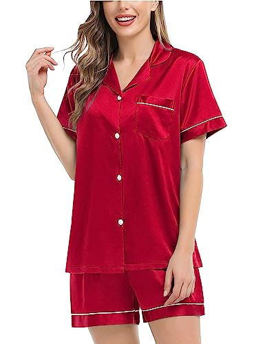 SWOMOG Womens Silk Satin Pajamas Short Sleeve Sleepwear Two-piece Loungewear Button-Down Pj Set Nightwear Red
