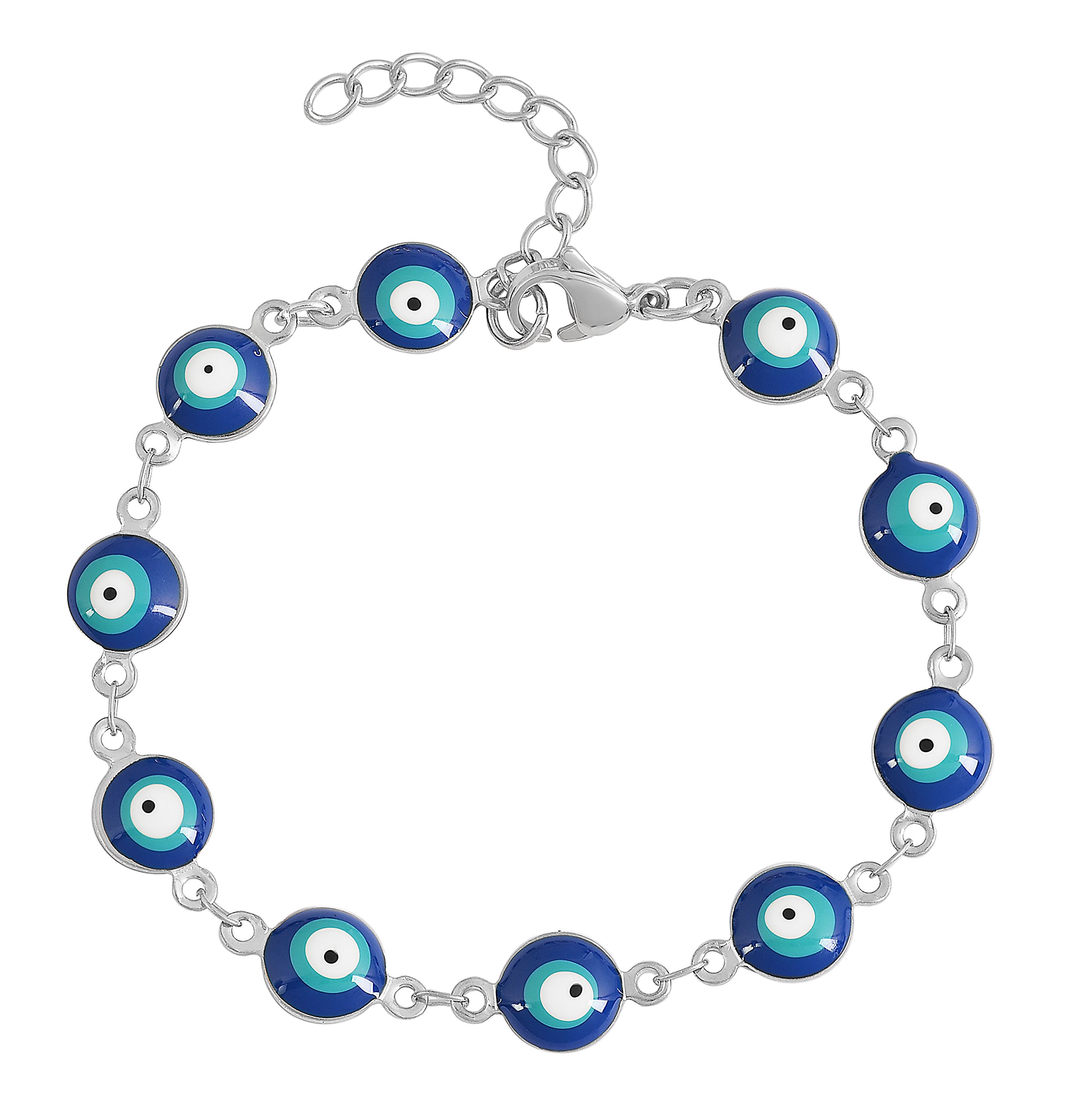 Edforce Stainless Steel Women's Charm Bracelet Green | Gold Enamel Evil Eye Protection Link Chain Adjustable, 8" (Aqua, Silver-and-Stainless-Steel)