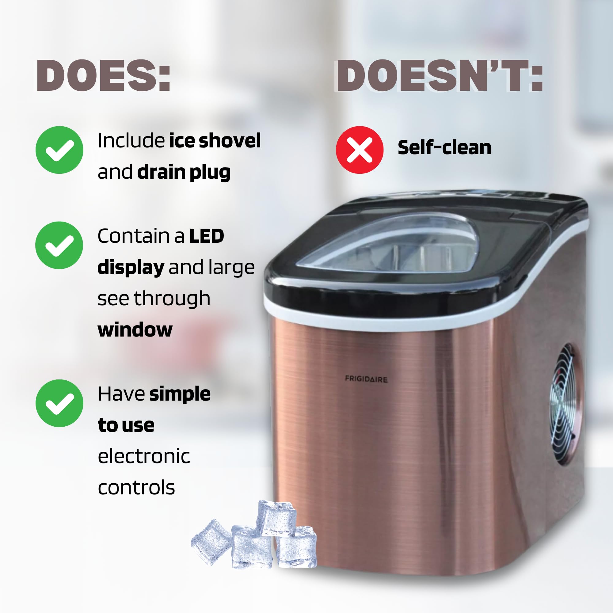 FRIGIDAIRE - Stainless Steel Countertop Ice Maker Machine with 26 lb Capacity | Ice Machine Makes 9 Cubes Every 7-15 Minutes | Portable Ice Maker for Countertop with Ice Shovel & Drain Plug
