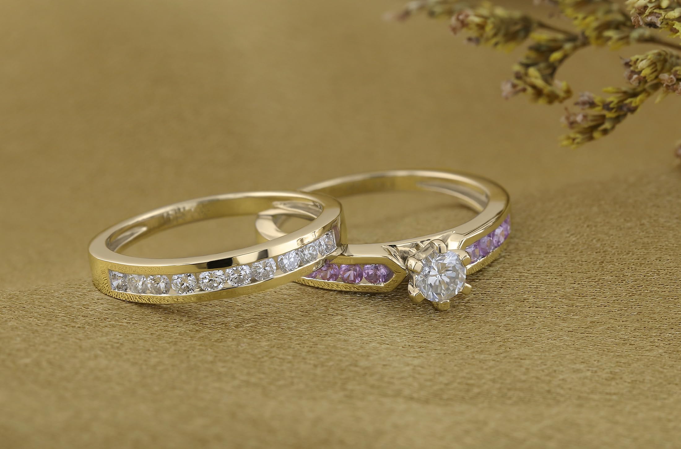 Dazzlingrock Collection Round Pink Sapphire & White Diamond Ladies Wedding Ring Set in 14K Yellow Gold, Size 7.5