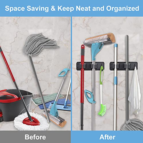 Kozci 2 Pack Broom Holder Wall Mount, Anti-Slip Mop Holder Broom Organizer Wall Mount Self Adhesive Stainless Steel Tool Storage Rack Broom Hanger for Kitchen Garden Garage (2 Racks 1 Hook)