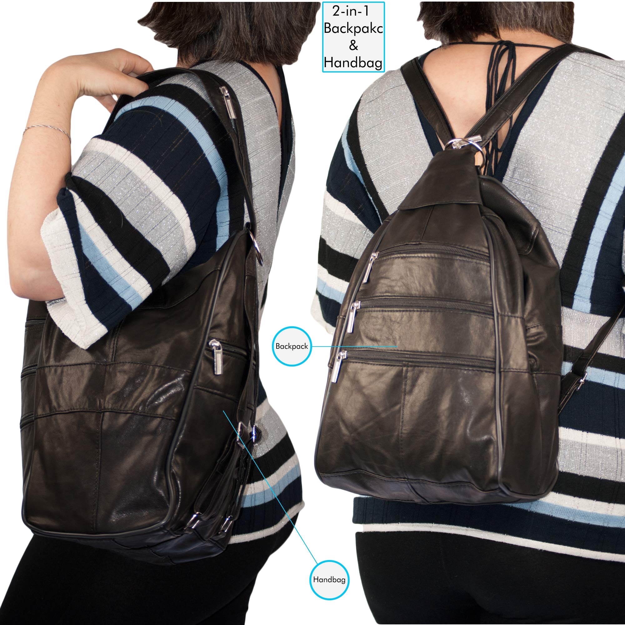 Dazoriginal Hobo Bags Slouch Backpack Handbag Shoulder Bag Genuine Leather Day (BLACK)