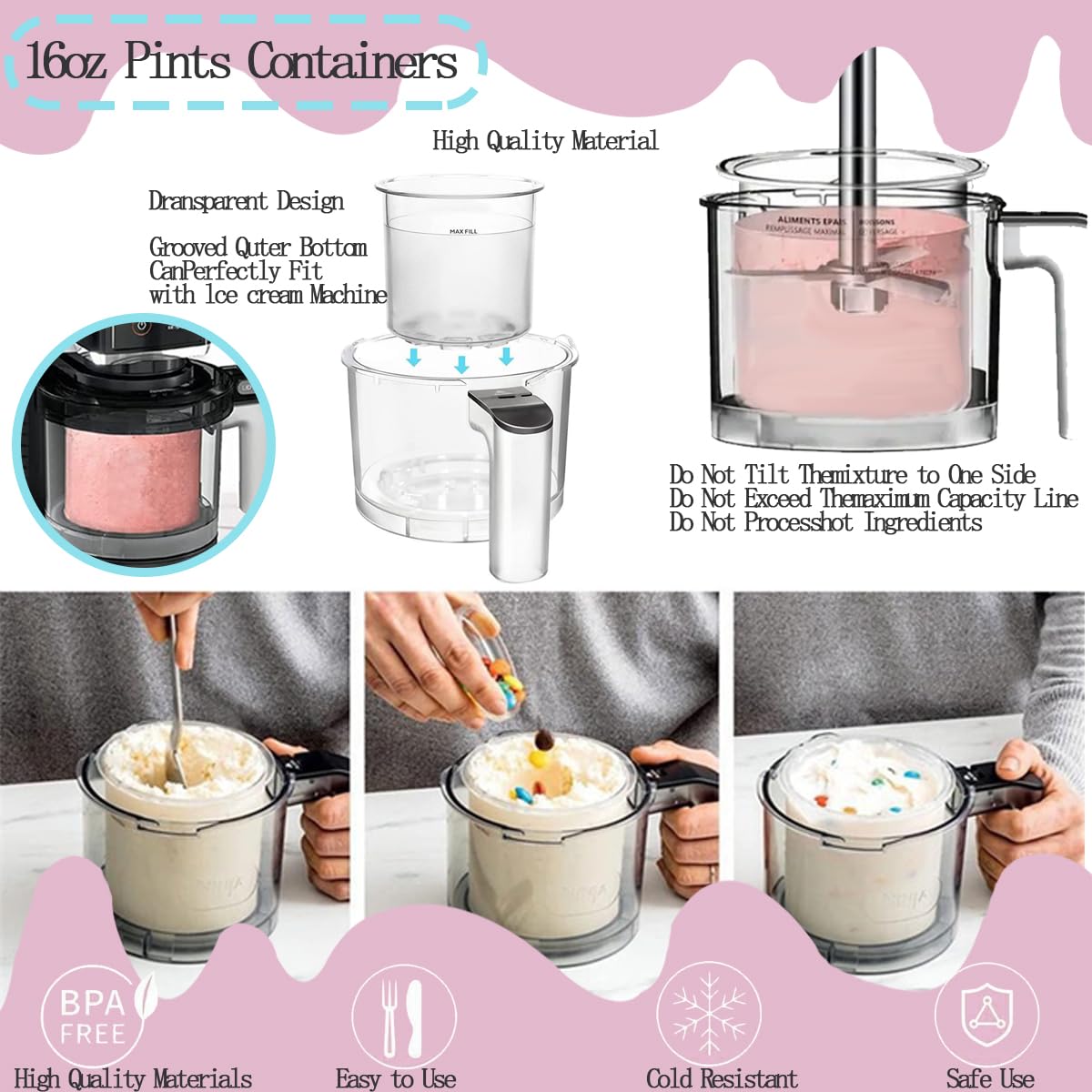 NLXCXUCY 4 Pack Containers Replacement for Ninja,Creami Pints and Lids 16oz Compatible with Ninja NC299AMZ NC300 Series Deluxe Ice Cream Makers Cups Dishwasher Safe (16OZ)
