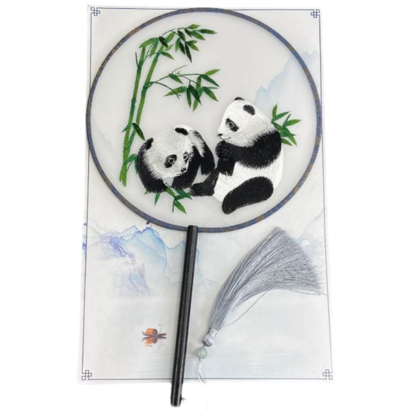 ERTUO Embroidered Long Handle Hand Fan Panda Embroidered Round Fan Semi-Transparent Retro Hanfu Dance Cheongsam Chinese Style Classical Fan