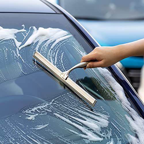 Shower Squeegee for Glass Doors 10 Inches Stainless Steel Squeege for Window and Car, 4 Suctions Shower Mirror