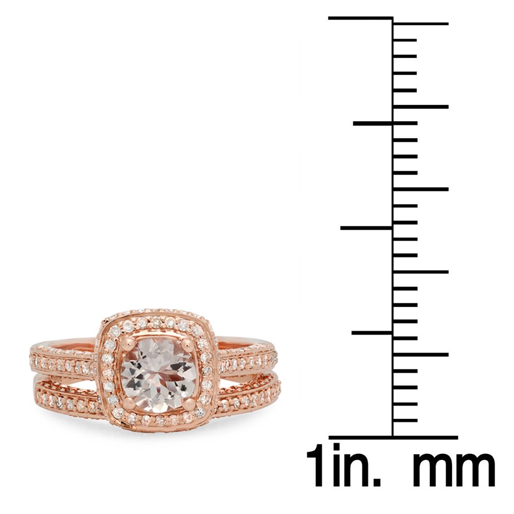 Dazzlingrock Collection 14K Round Morganite & White Diamond Bridal Split Shank Halo Engagement Ring Set, Rose Gold, Size 7