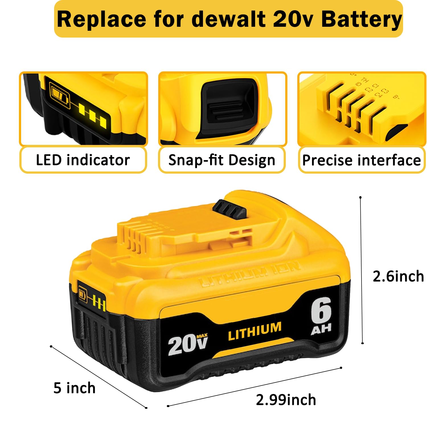 LONG FIT 2 Packs Replace for DeWalt 20v Battery 6.0Ah, Compatible with DeWalt 20V Cordless Power Tools