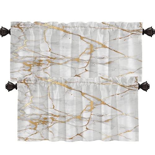 Shrahala Marble Golden Gold Kitchen Valances Half Window Curtain, Abstract Gold and White Marble Pattern Kitchen Valance for Window Ink Printing Valances Curtains for Kitchen Decor 52x18 inch(2pcs)