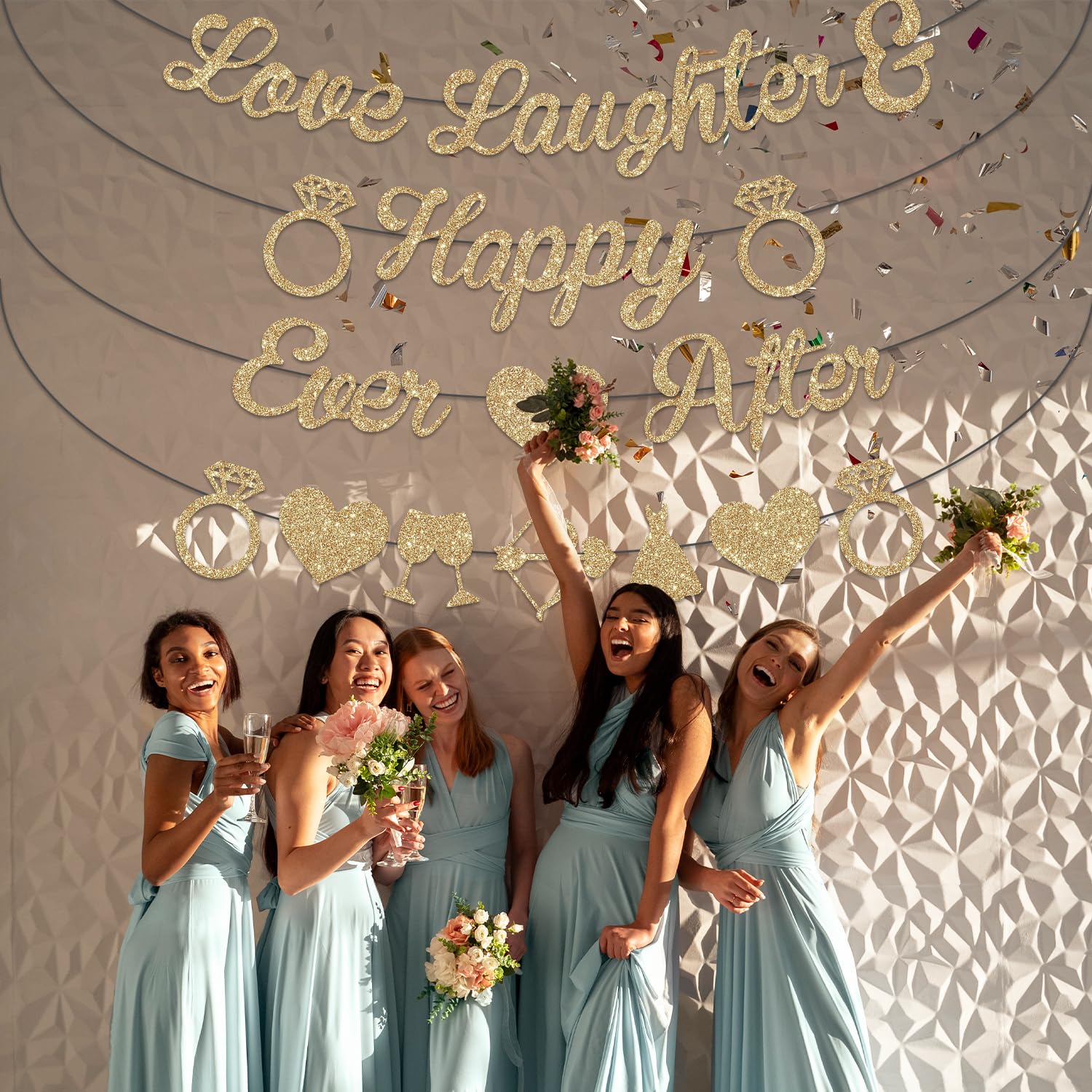 NO-DIY Love Laughter & Happily Ever After Banner, Gold Glitter Wedding Shower Decorations includes Bridal Shower Banner and Bridal Shower Decorations Garland for Bridal Wedding Decorations
