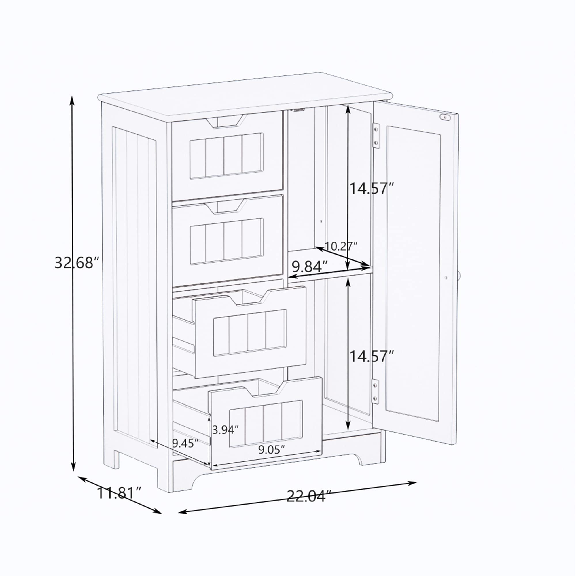 RASOO Bathroom Storage Cabinet White Freestanding Floor Storage Cupboard Adjustable Shelf with 4 Drawers and 1 Door