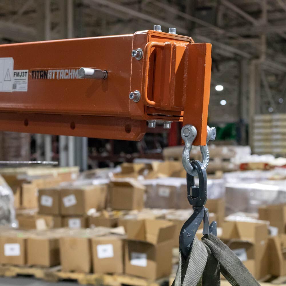 Titan Attachments Fork Mounted Jib Boom Crane Attachment, Manual Telescoping Boom Extends Up to 138â€, Pivots Up to 45 Degrees, 6,000 LB Lift Capacity, Two Swivel Hooks, Adjustable Hook Points