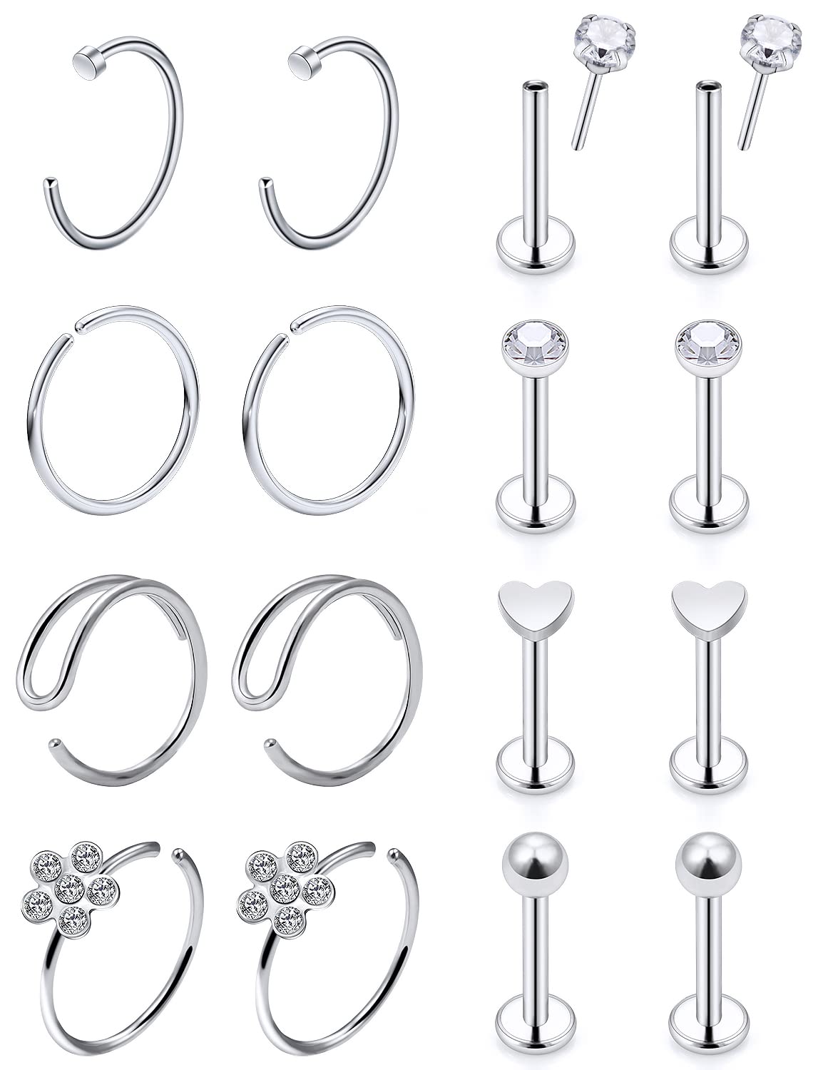 Ftovosyo 20G Threadless Push in Nose Studs Surgical Steel Nose Rings Hoop for Women Men Paved CZ Flower Threadless Nose Piercing Jewelry Double Nose Ring for Single Piercing Set