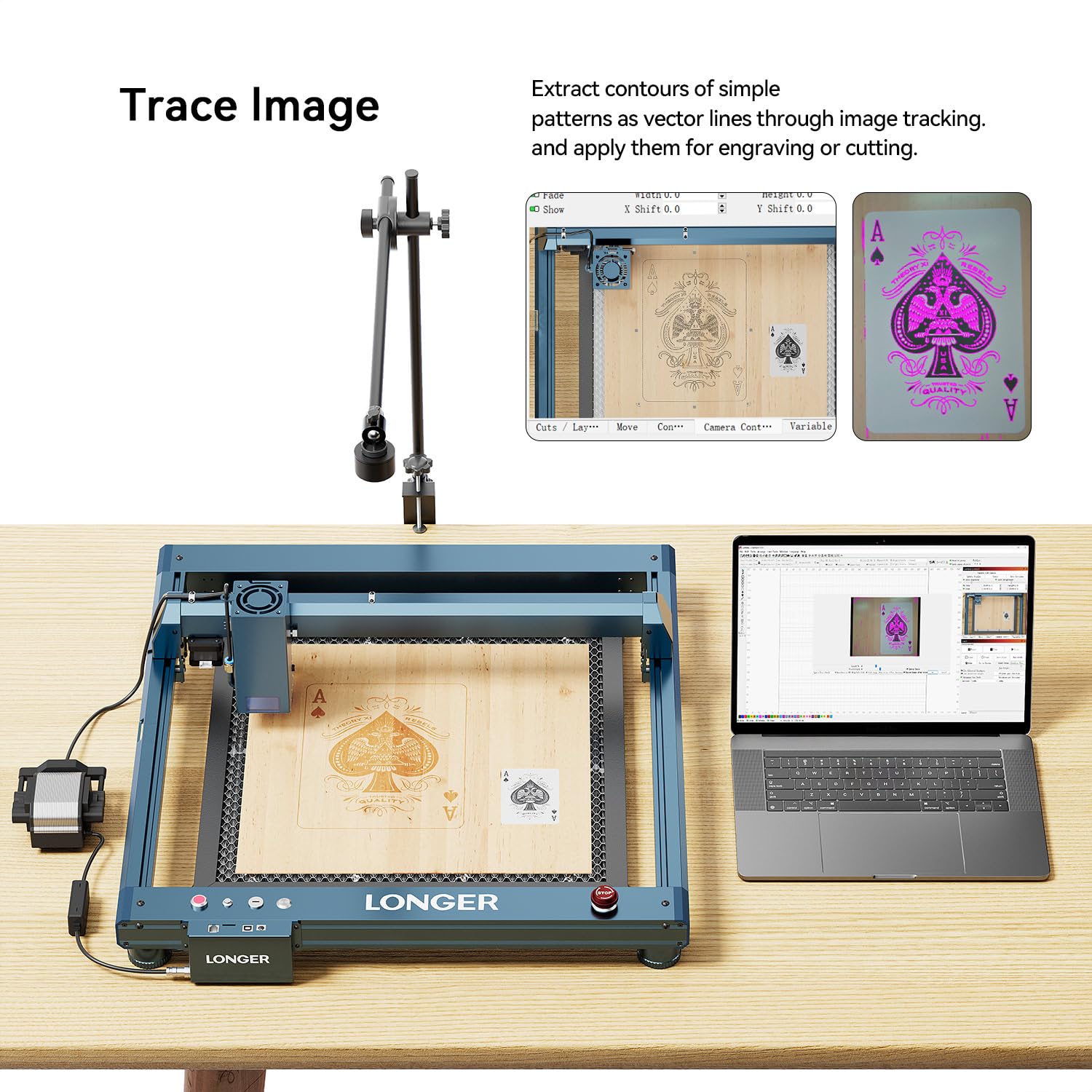 Longer New LightBurn Camera Kit for Laser Engravers โ 5MP HD Precision Auto Positioning, Supports Video Recording, Multi-Task Engraving, and Job Preview, Covers a Large Area of 740x560mm