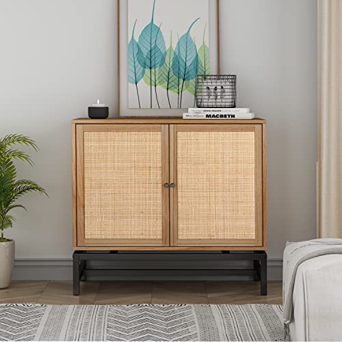 Sideboard Buffet Side Cabinet with Natural Rattan and 2 Magnetic Door, 2-Tier Storage Cabinet Accent Cabinet Console with Metal Bracket, for Living Room Bedroom, Entryway (Rattan Low Leg)