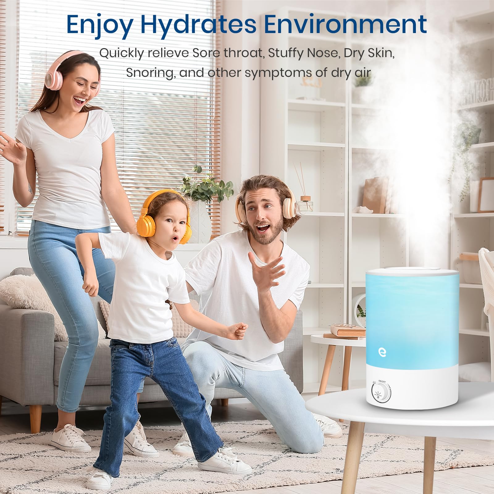 Esemoil Humidifiers for Bedroom, 2.5L Cool Mist Ultrasonic Air Humidifier with Top Fill & Quiet, 360ยฐ Nozzle, BPA Free, 25 Hour Diffuser with 8 Color Light & Auto Shut-off for Home Baby Nursery Plants