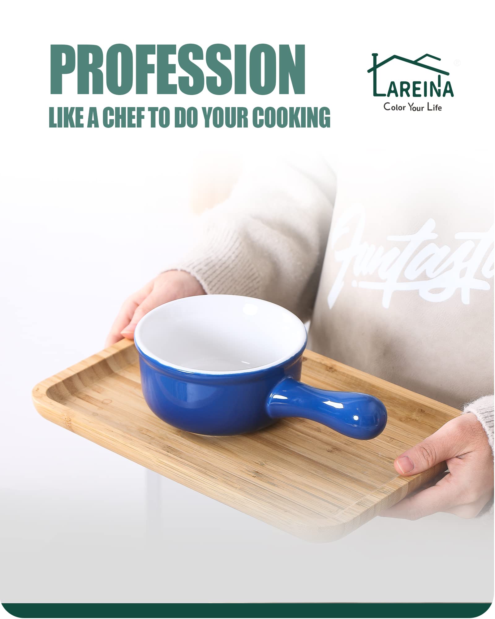 French Onion Soup Bowls with Handles, Lareina 15 OZ Ceramic Soup Crock, Porcelain 5 Inch Microwave and Oven Safe Bowls, Set of 4, Blue