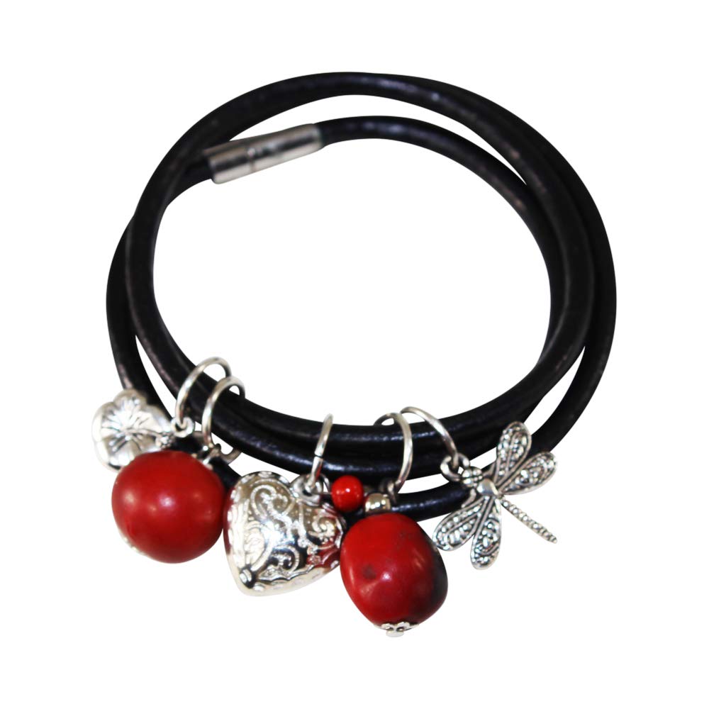 E B Evelyn Brooks Designs Adjustable Leather UNISEX Black Wrap Band Multiple Charm Bracelet w/Meaningful Good Luck Huayruro Red & Black Seed beads - Great gifts for HER & For HIM - Symbol of Pro
