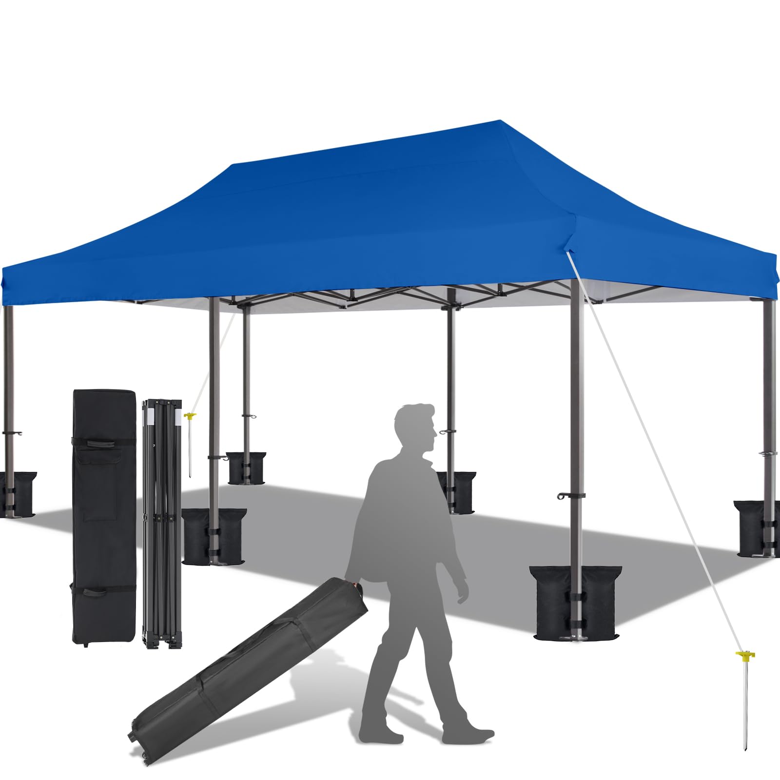 Eesdom 10x20 Canopy Tent with Roller Bag, Commercial Pop Up Canopy Tent, Adjustable Height with Pull Ring, Outdoor Canopy for Beach, Parties, UPF50+, 6 Stakes & 6 Sandbags & 6 Ropes, Blue