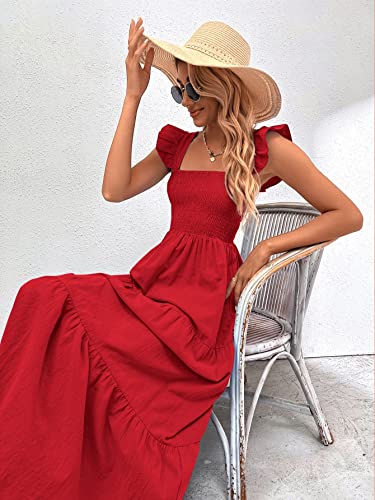 MakeMeChic Women's Summer Boho Dress Floral Print Spaghetti Strap Square Neck Shirred Maxi Dress Beach Sun Dress Solid Red L