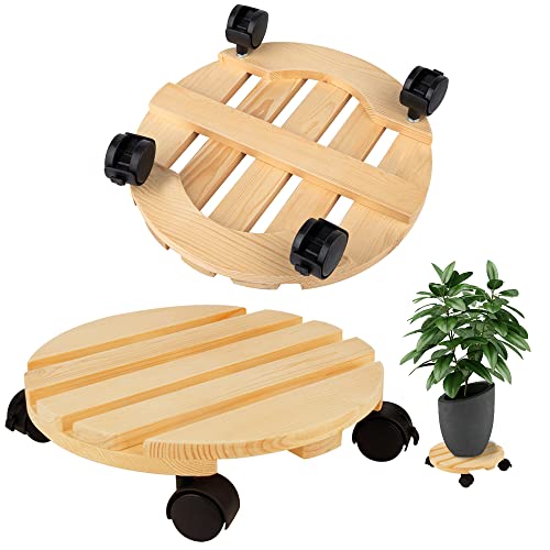 LiveBe 12 Inch Round Plant Caddy Heavy Duty Plant Pot with 4 Rolling Wheels(2 Lockable Caster Wheels), Indoor Outdoor on Roller Patio/Flower Pot/Succulent Pots(2 Pack) (Nature)
