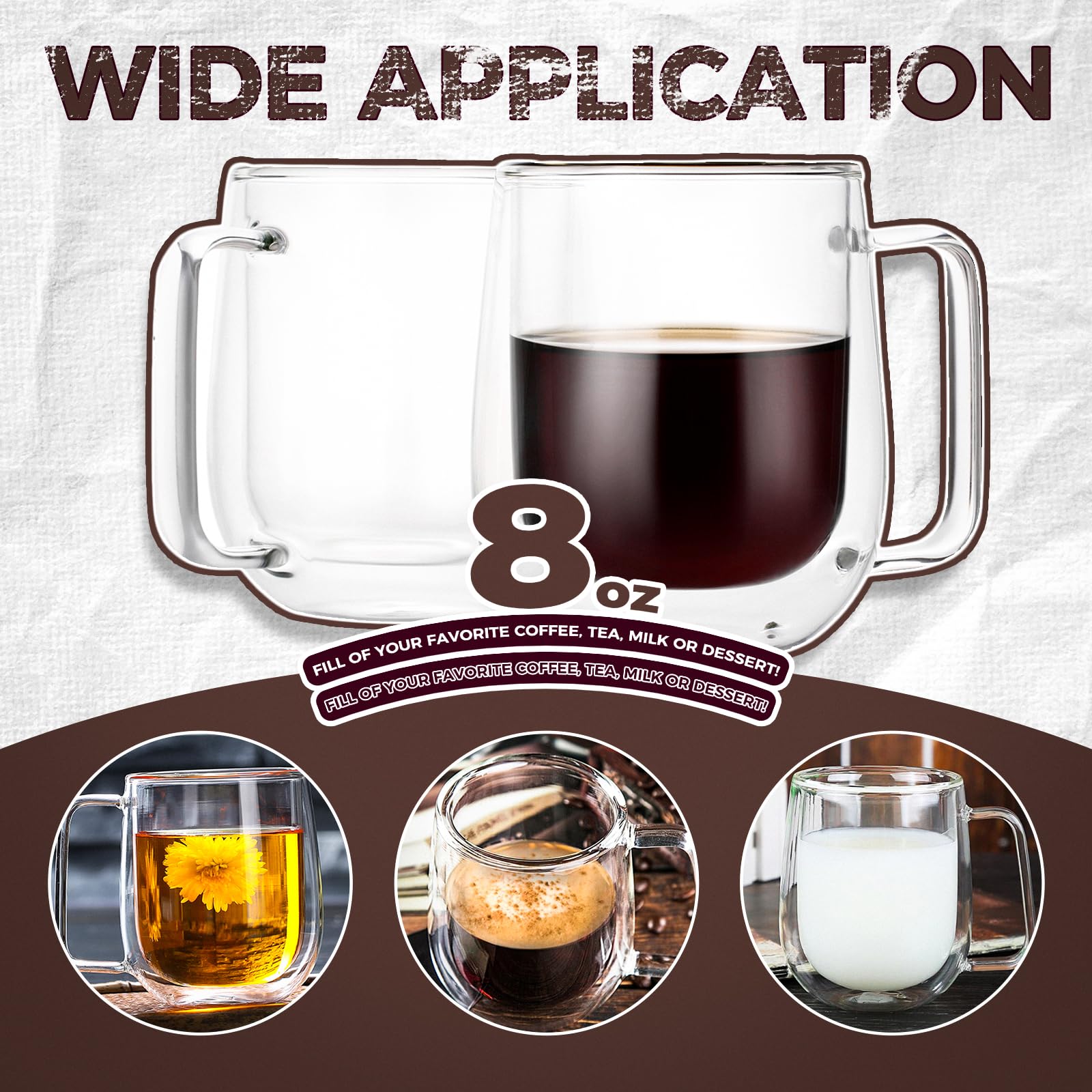 ETERMETA 2 Pack 12 oz Double Walled Glass Coffee Mugs with handle, Thermal Insulted No Condensation Coffee & Tea Cups, Clear Mugs for Americano, Latte, Espresso, Cappuccinos Beverage