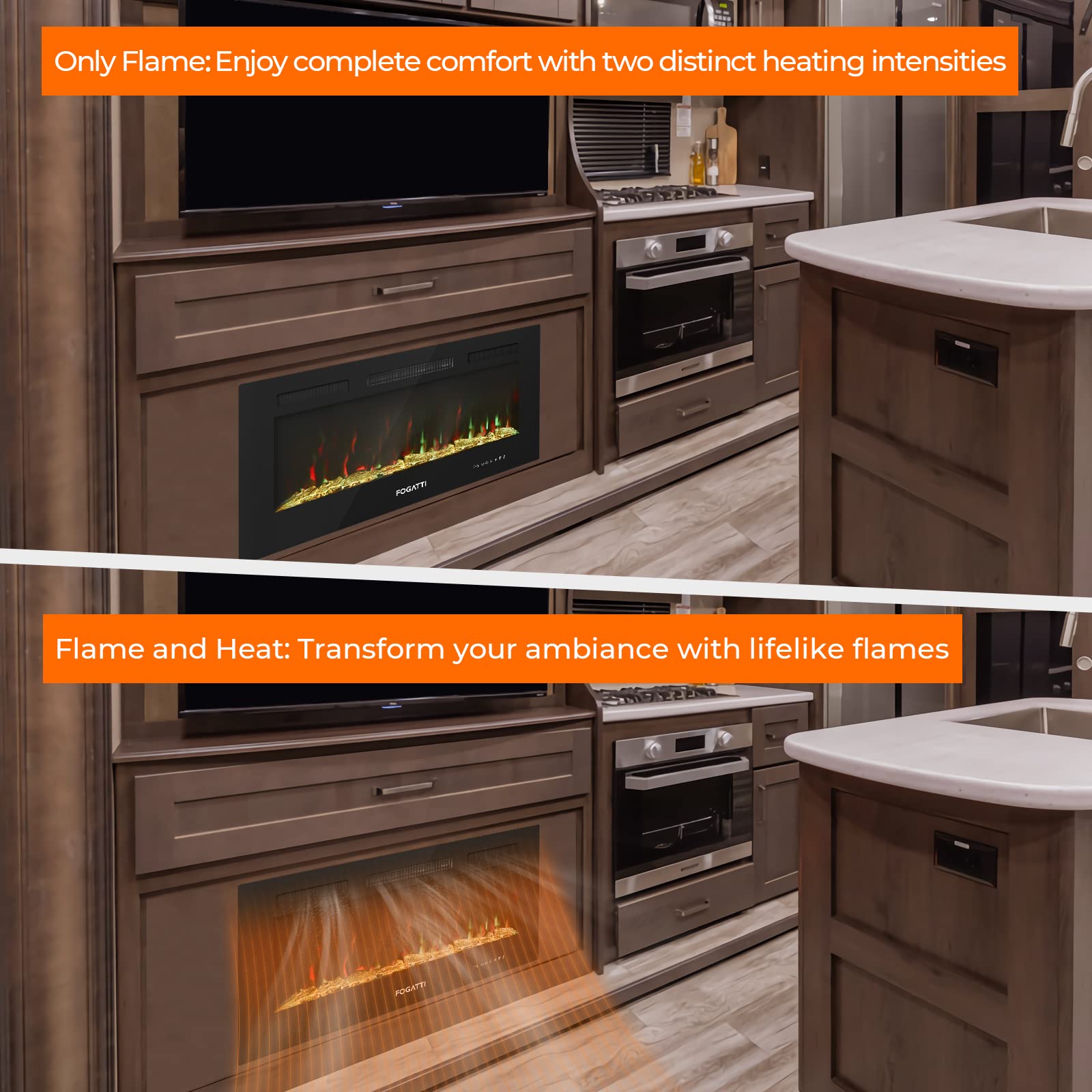 FOGATTI Electric Fireplace 30 Inch Wall Mounted and Recessed, RV Electric Fireplace, Remote Control with Timer, Fireplace Heater, Realistic 7 Color Flame, Crystals & Driftwood Options
