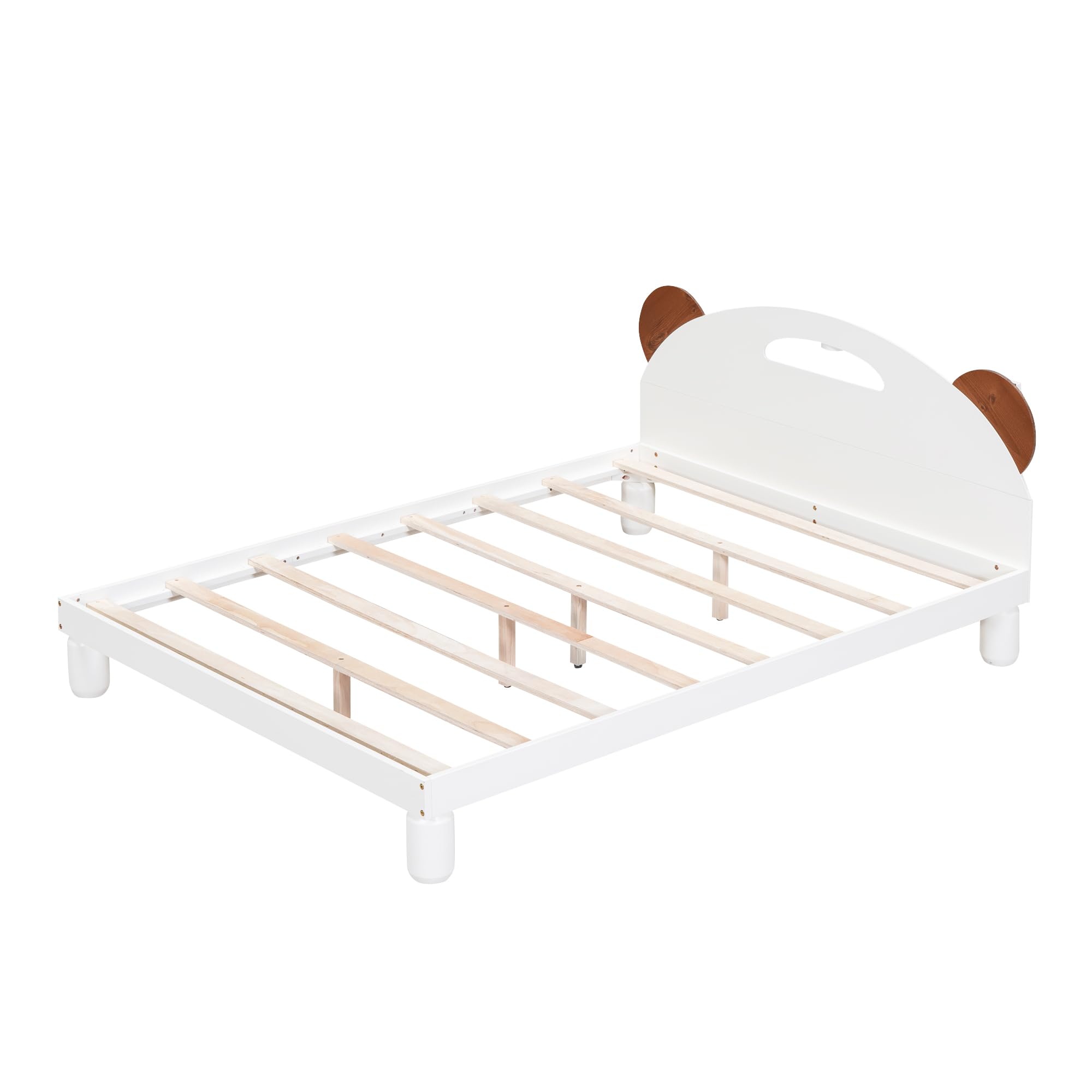 DOLPRNE Full Size Platform Bed with Bear Ears Shaped Headboard and LED for Kids Adults Bedroom,Cream, Creamy White