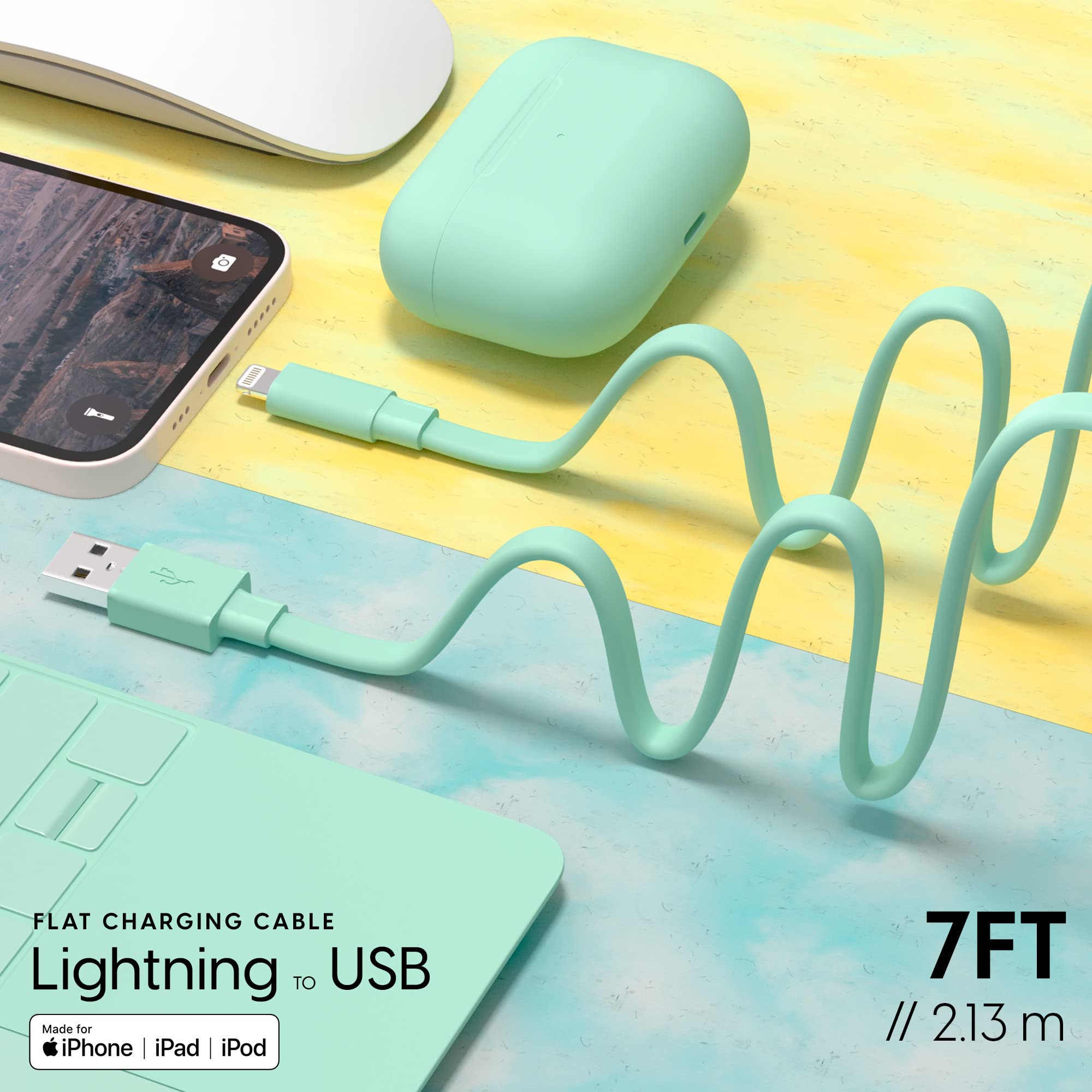 TalkWorks Flat Lightning Charging Cable Compatible w/iPhone 14/Plus/Pro/Pro Max, 13/Mini/Pro/Pro Max, 12/Pro/Pro Max/Mini, 11/Pro/Pro Max, XR, XS, XS Max, X, 8, 7, 6, 5-7' Charger Cord (Mint Green)
