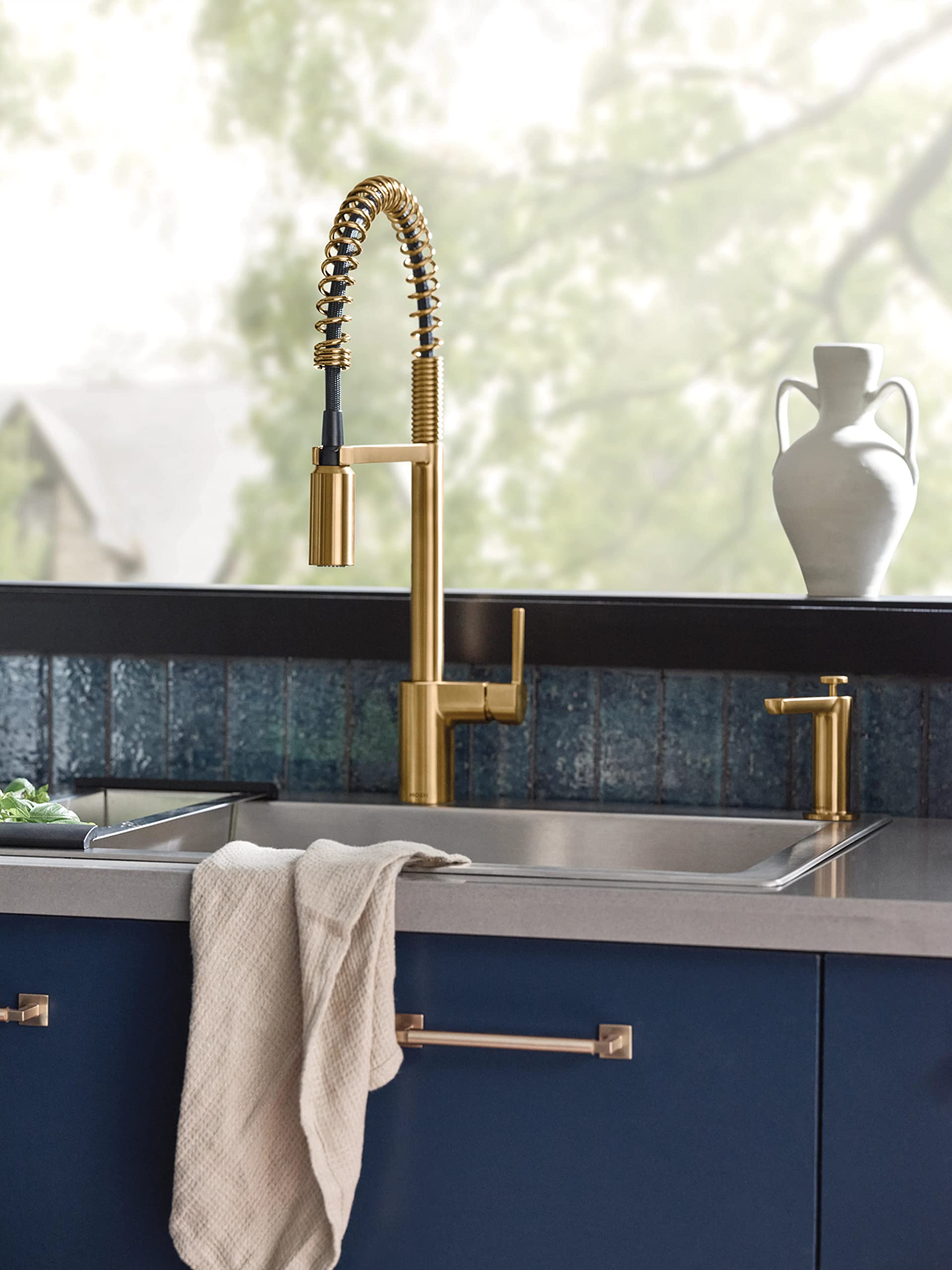 Moen Brushed Gold Modern Deck Mounted Kitchen Soap Dispenser with Above-the-Sink Refillable Bottle, S3947BG