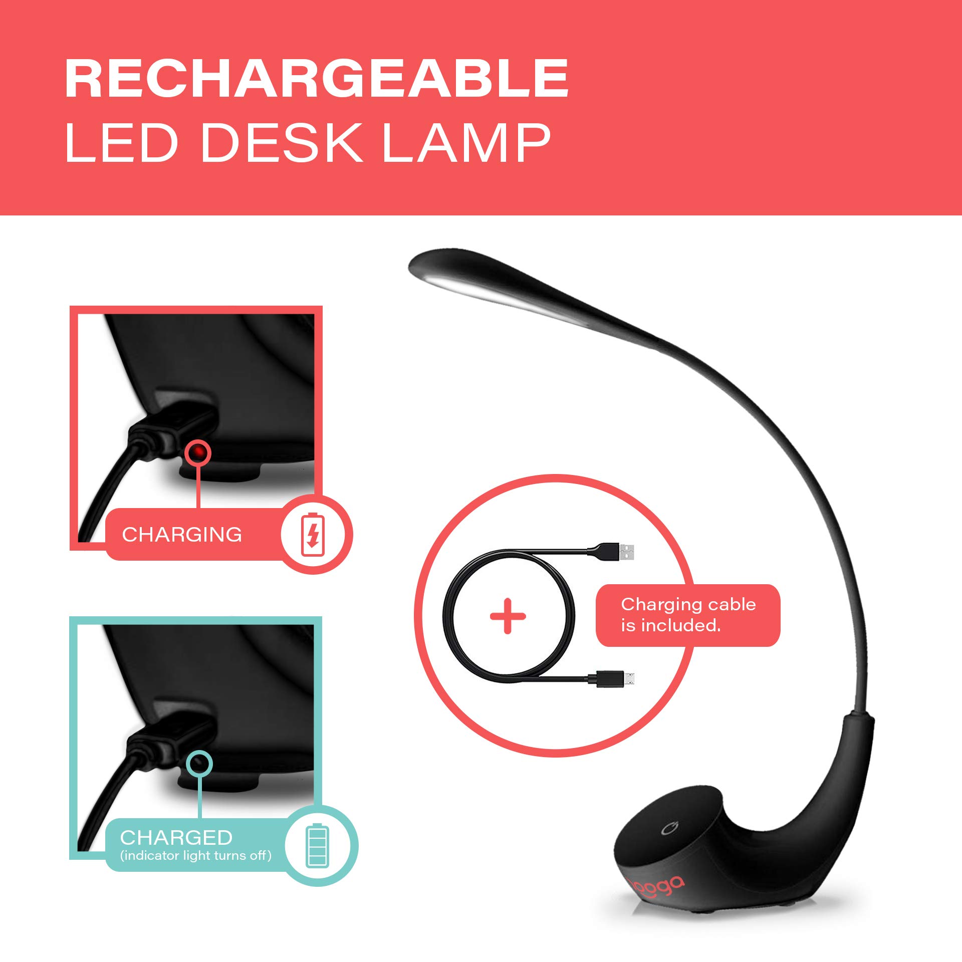 Desk Lamp, Blue Light Blocking, Amber Office Lamp by Hooga. Dimmable Reading Lamp, 3 Brightness Settings Reduces Eye Strain. 1600K Warm LEDs for Working at Night. Rechargeable 1000mAh Battery. Black