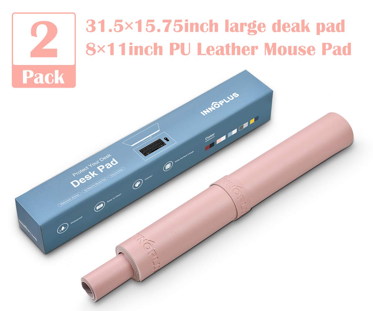 Desk Pad, Desk Mat, Mouse Mat, XL Desk Pads Dual-Sided Pink/Sliver, 31.5" x 15.7" + 8"x11" PU Leather Mouse Pad 2 Pack Waterproof, Mouse Pad for Laptop, Home Office Table Protector Blotter Gifts