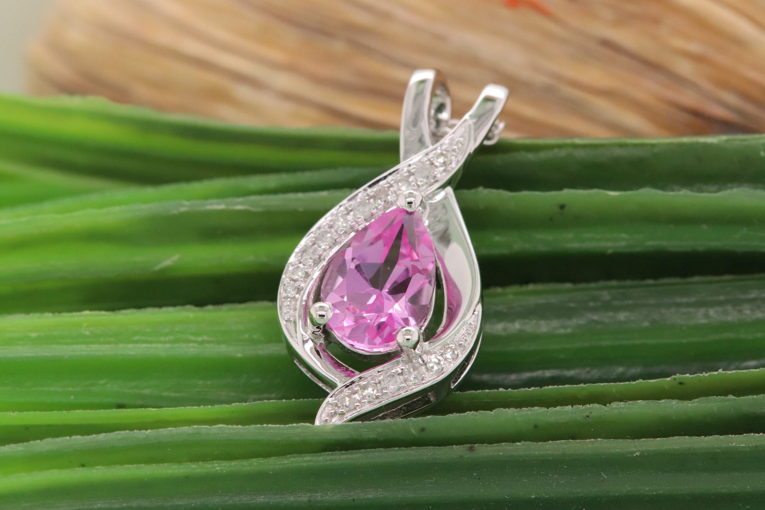 Dazzlingrock Collection 9x6 mm Pear Lab Created Pink Sapphire & Round White Diamond Swirl Teardrop Pendant with 18 inch Silver Chain for Women in 14K White Gold