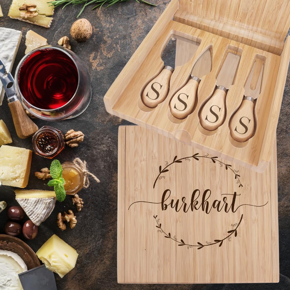 Cre8tive Motifs 5 Piece Cheese Knife Set, 8 Inch Charcuterie Board, Personalized Cutting Board, Customized Wedding Gift, Anniversary Gift for Her, Engraved Knife (Case Engraving Only)