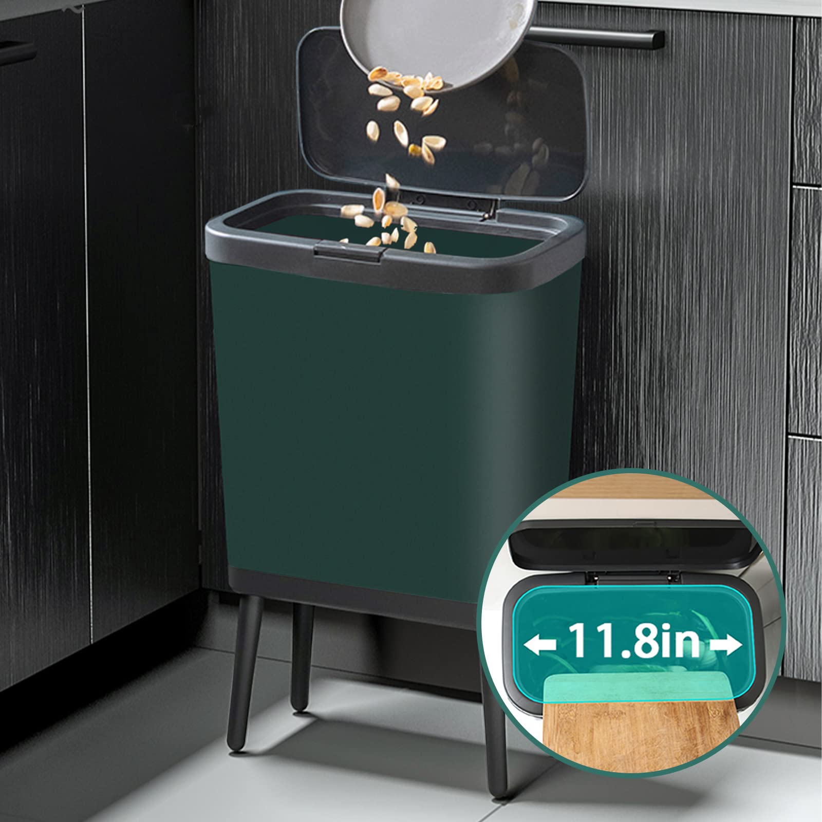 URALFA Slim Trash Can with Lid, Modern Kitchen Garbage Can Narrow Trash Can with Legs, 4 Gallon Garbage Bin Plastic Waste Basket Gold Edge for Bathroom, Office, Bedroom, Living Room, Green