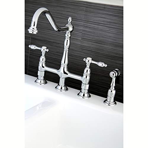 Kingston Brass KS1271TALBS Tudor 8 Inch Center Kitchen Faucet With Brass Sprayer, Polished Chrome, 8-3/4 inch in Spout Reach, Polished Chrome